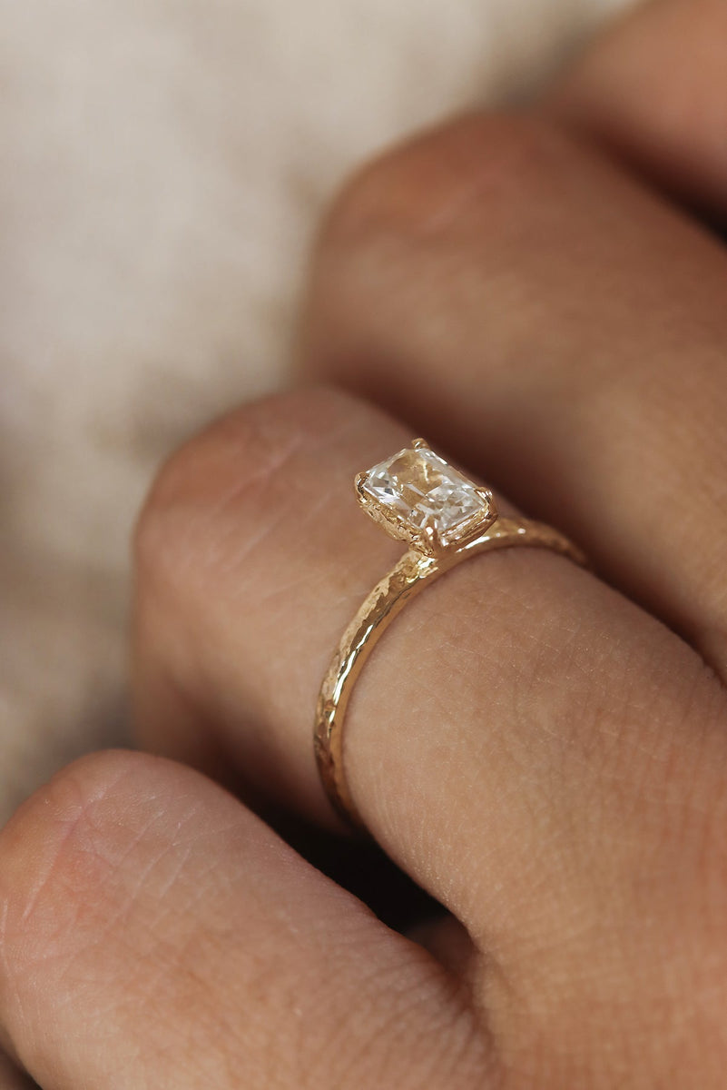 Radiant Cut Solitaire Engagement Ring With Hammered Band Texture in So ...