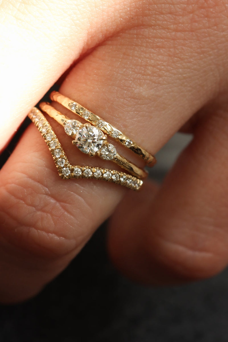 Three Stone Diamond Engagement Ring With Hammered Band Texture in 10k ...