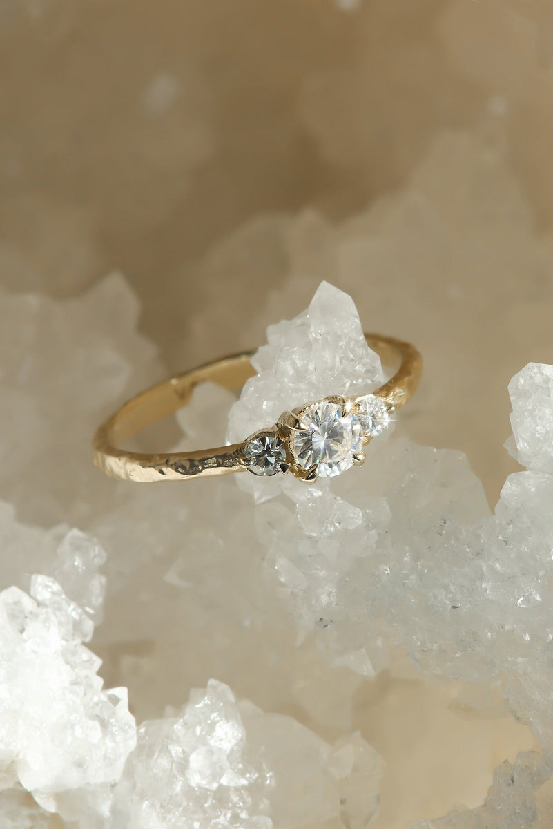 Three Stone Engagement Ring With Hammered Band Texture in Solid Gold ...